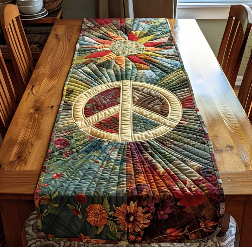 Bohemian Style Embroidered Peace Sign & Floral Pattern Quilted Table ...