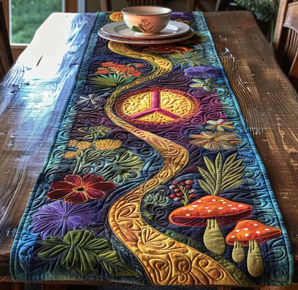 Bohemian Style Embroidered Peace Sign & Floral Pattern Quilted Table ...