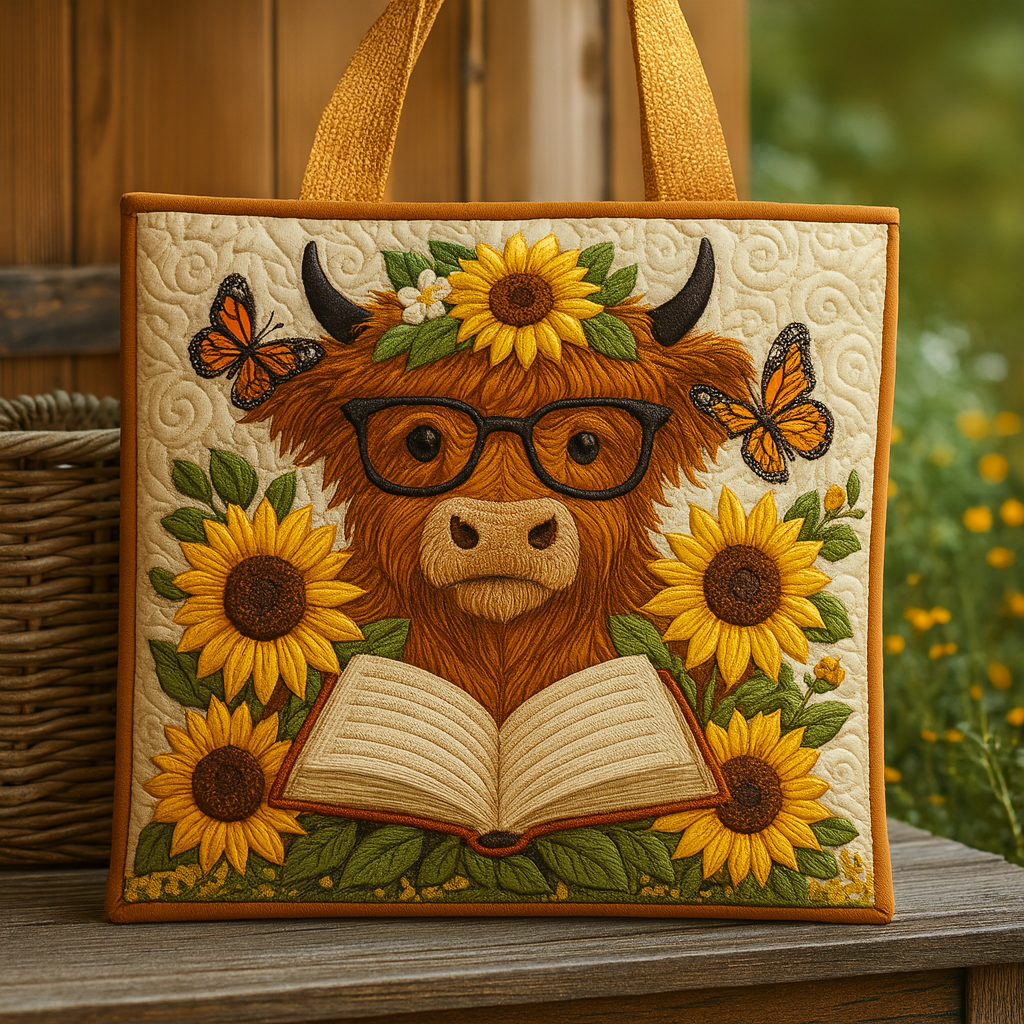 Sunlit Stories of the Meadow — 3D Highland Cow & Sunflower Quilted Tote ...