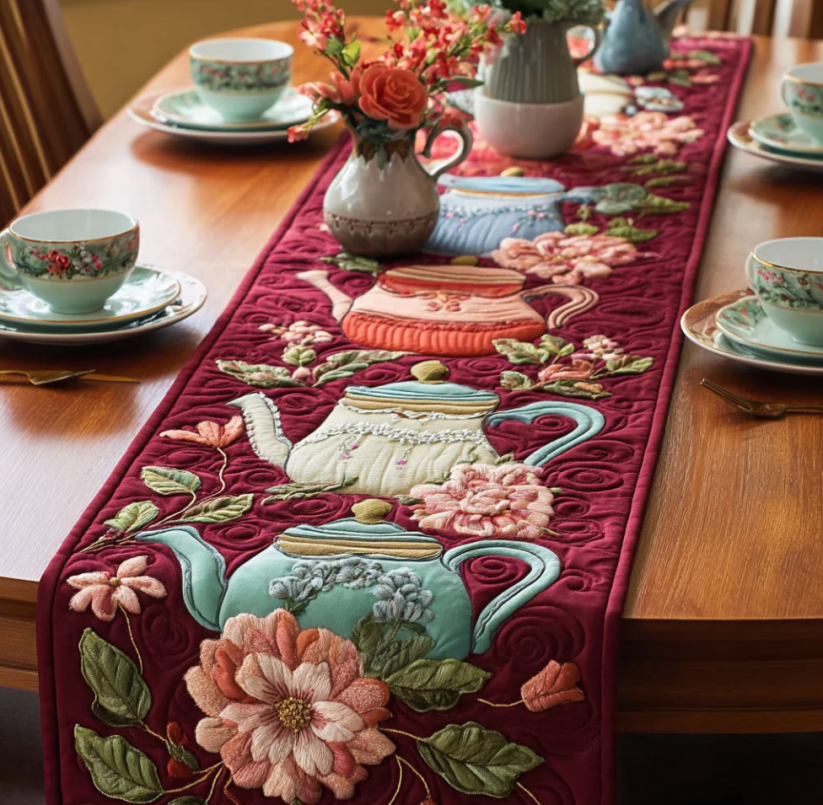 Vintage Tea Time Style Embroidered Teapot & Floral Pattern Quilted ...