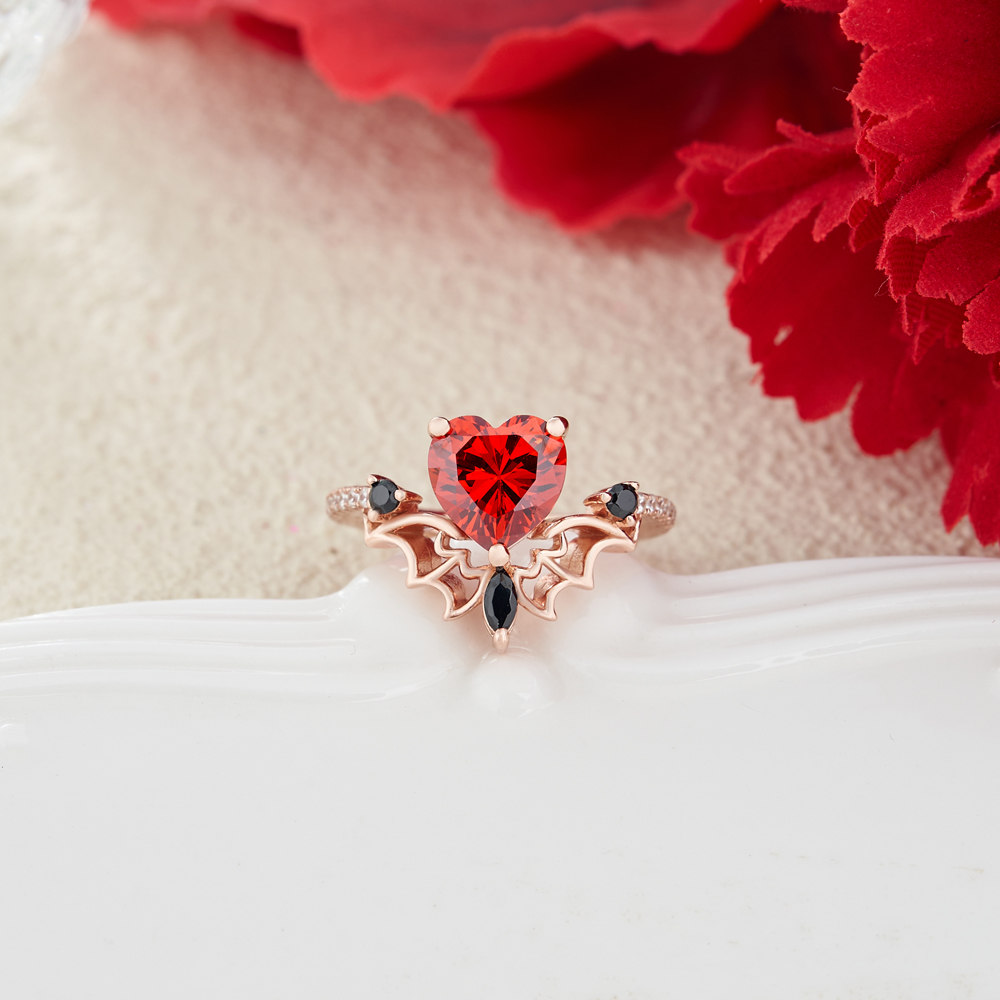 Heart Cut Ruby Red Sterling Silver Wing Engagement Ring-Karatlove