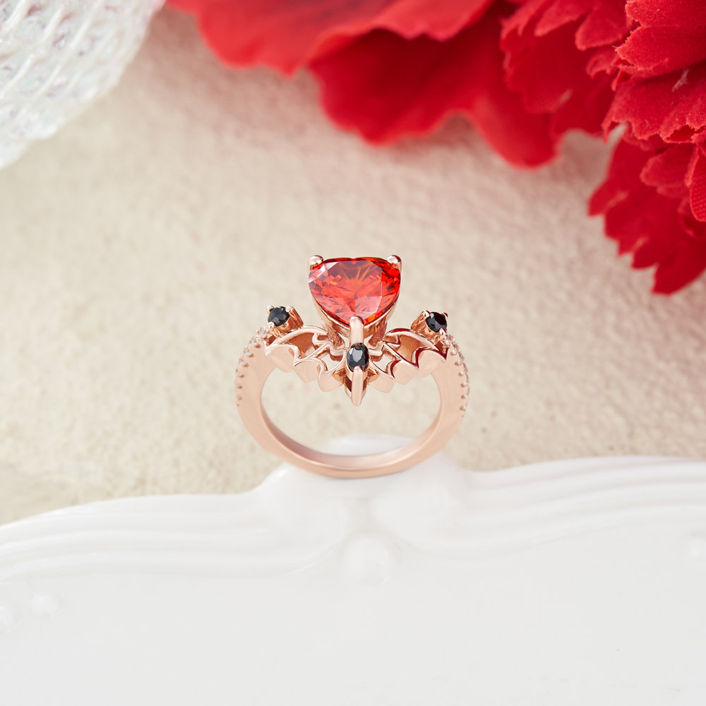 Heart Cut Ruby Red Sterling Silver Wing Engagement Ring-Karatlove