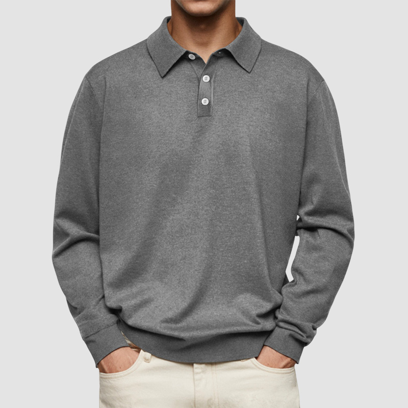 Men's Casual and Comfortable Solid Color Lapel Long Sleeve POLO Shirt ...