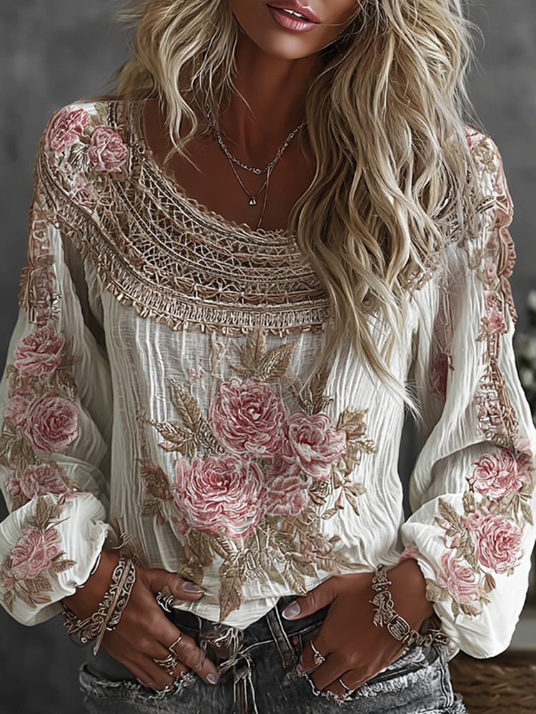 Women S Floral Embroidered Art Print Flowy Linen Blend Casual Tops