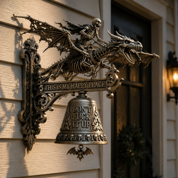 🐉 Skull Dragon Rider Bell – “This Is My Happy Place” Wall Bell – vaeight