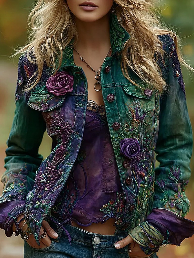 Women's Purple Rose Embroidery Pattern Dyed Washed Denim Jacket – Winsleigh