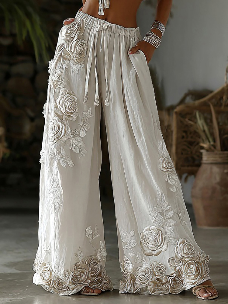 Women's Retro Floral Embroidery Art Casual Linen Pants – Winsleigh