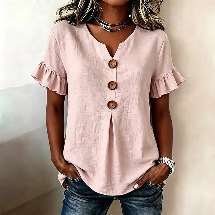 Solid Button Short Ruffle Sleeves V-neck Blouse – inkteelab
