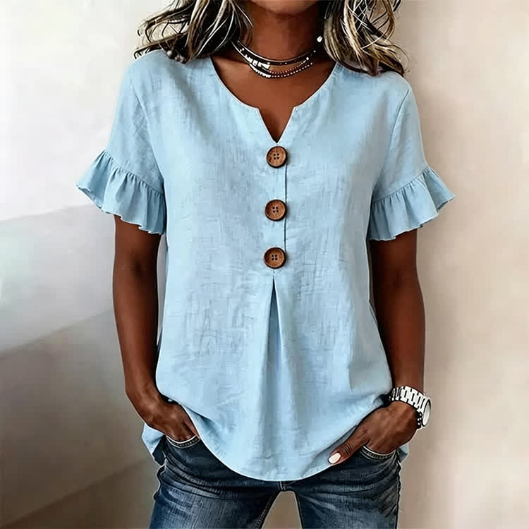 Solid Button Short Ruffle Sleeves V-neck Blouse – inkteelab