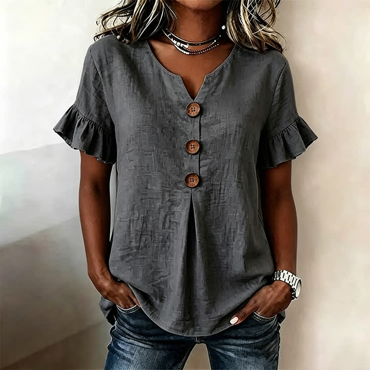 Solid Button Short Ruffle Sleeves V-neck Blouse – inkteelab