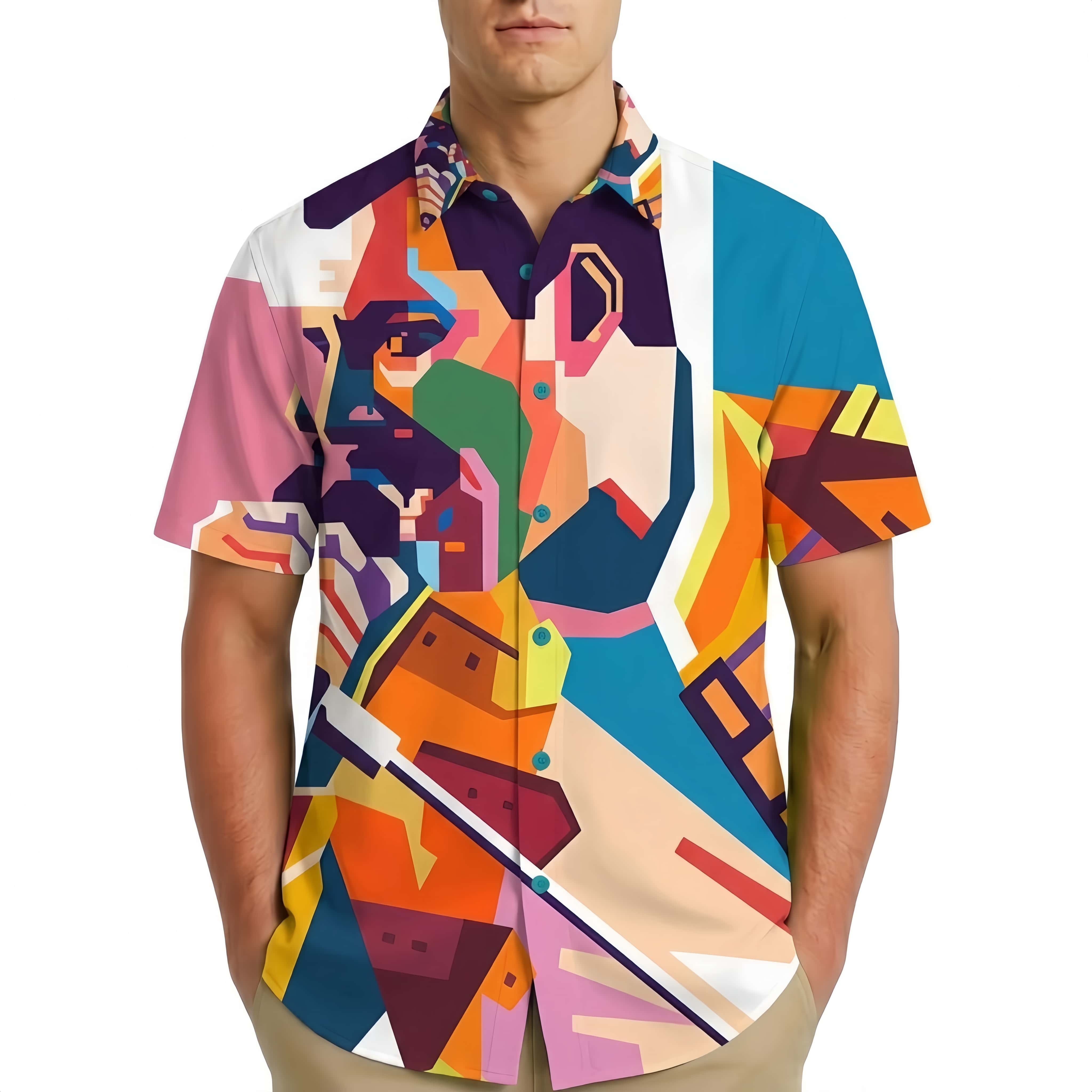 Men’s Graphic Button-Down Shirt – Vintage Rock Star Aesthetic – Sanzmm