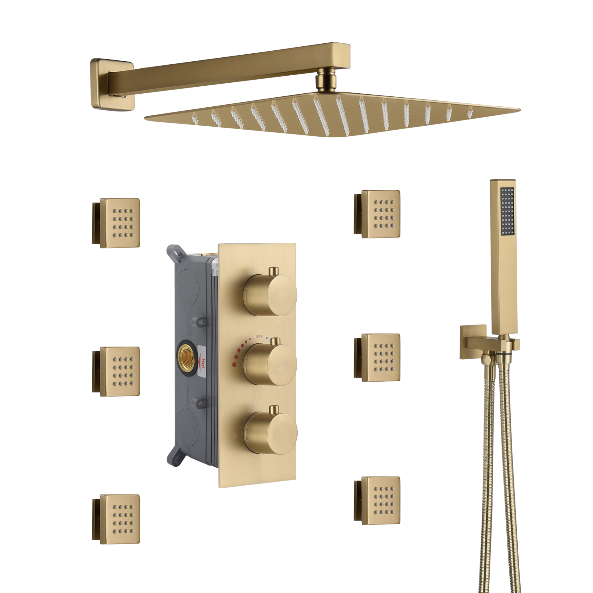 12" Thermostatic Complete Shower System with 6 Body Jets Valve Included
