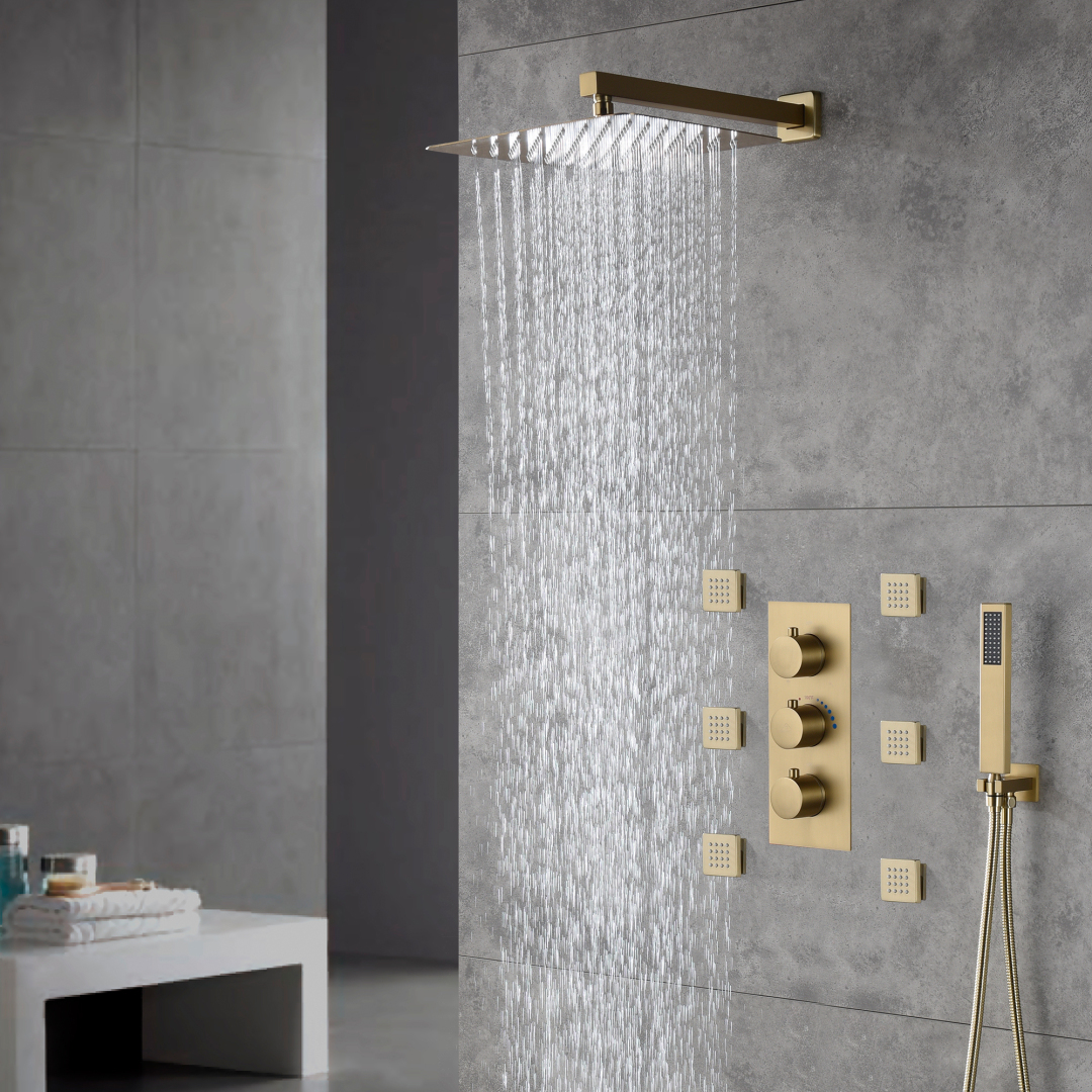 12" Thermostatic Complete Shower System with 6 Body Jets Valve Included