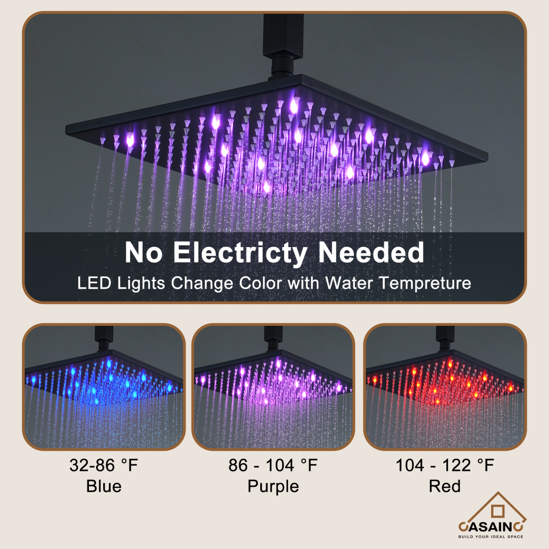 12" Ceiling Mount Luxury Rain Shower System with LED Light & Body Jets