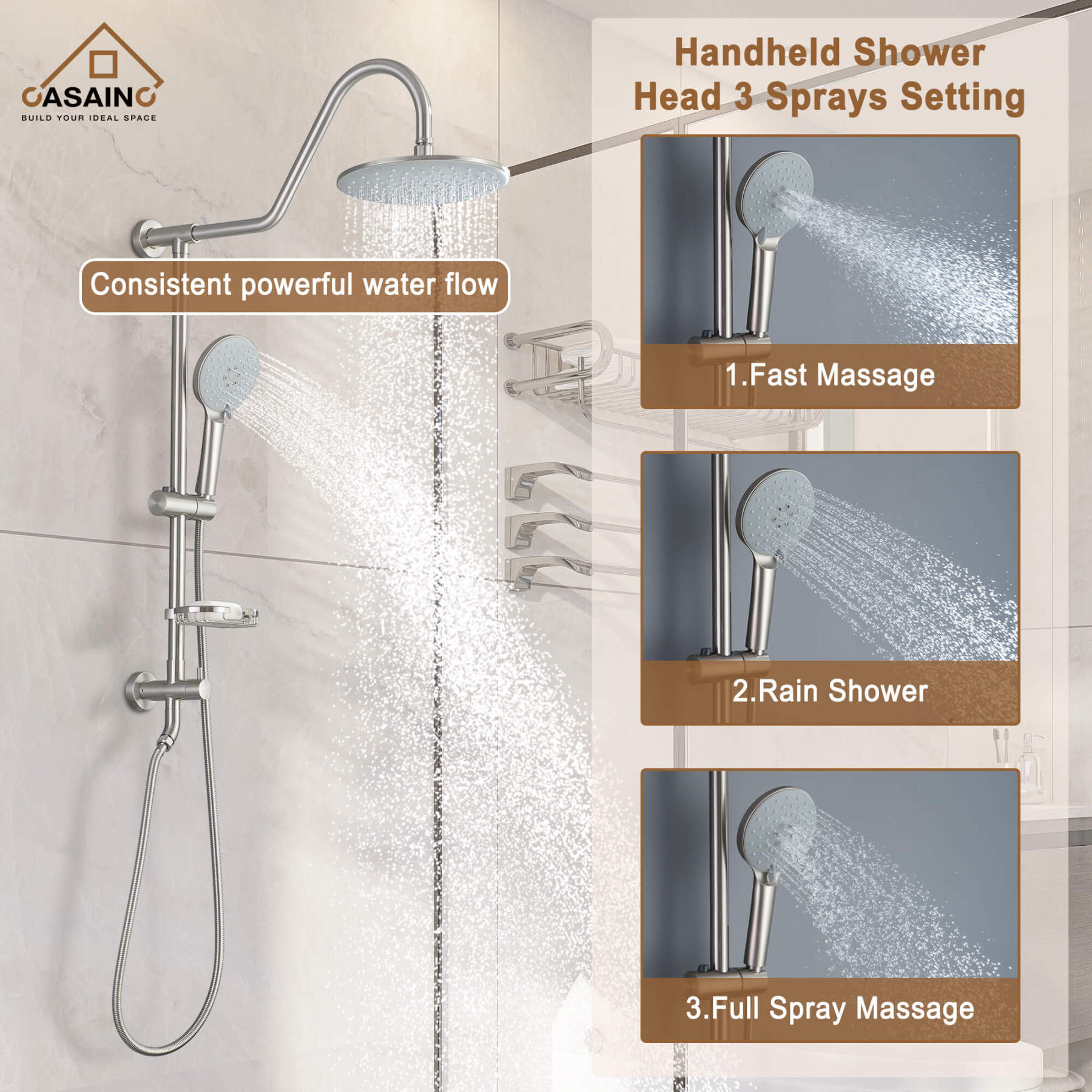 Exposed Pipe Dual Shower Head System with 3 Spray Patterns Hand Shower