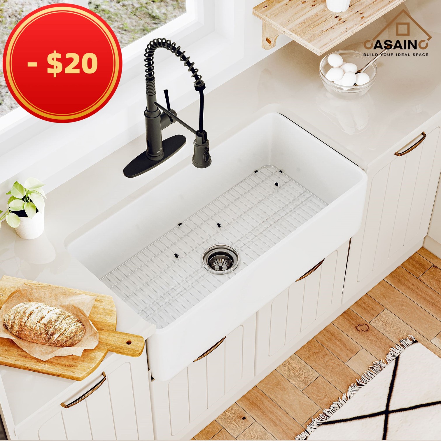 CASAINC Fireclay 36 in. Single Bowl Farmhouse Apron Kitchen Sink with ...