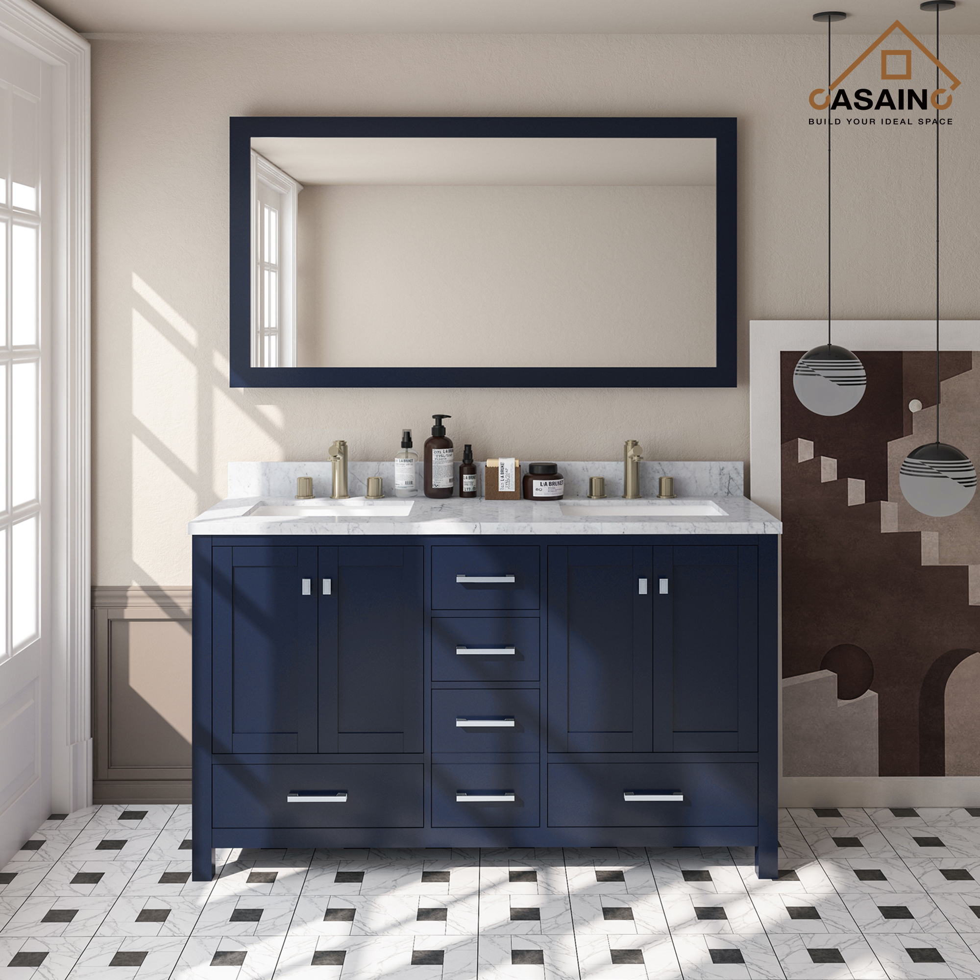 60in. Solid Wood Navy Blue Bath Vanity with Carrara White Marble Top
