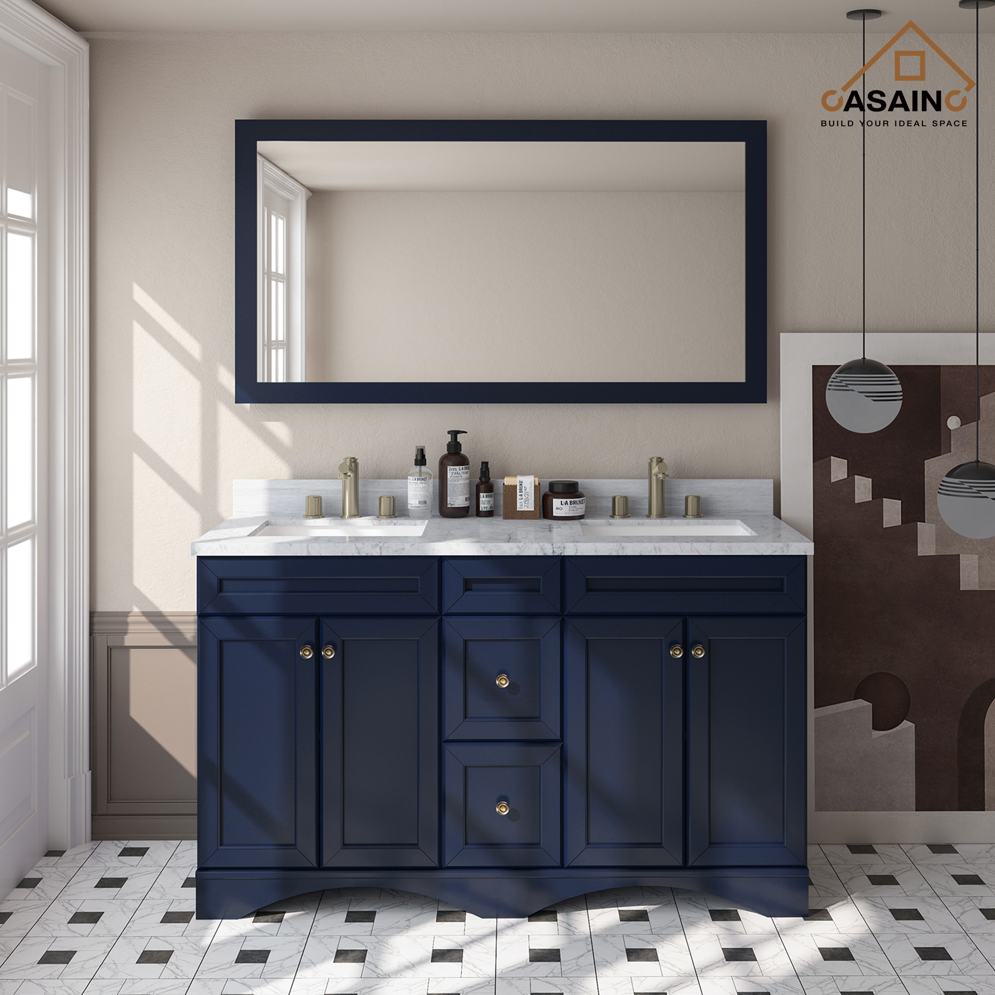 60 Navy Blue Solid Wood Bathroom Vanity with 1.2 Carrara Marble Countertop Backsplash