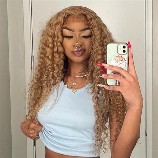 Ohmypretty Honey Blonde 27 Water Wave Curly Hai Lace Frontal Wig Pre