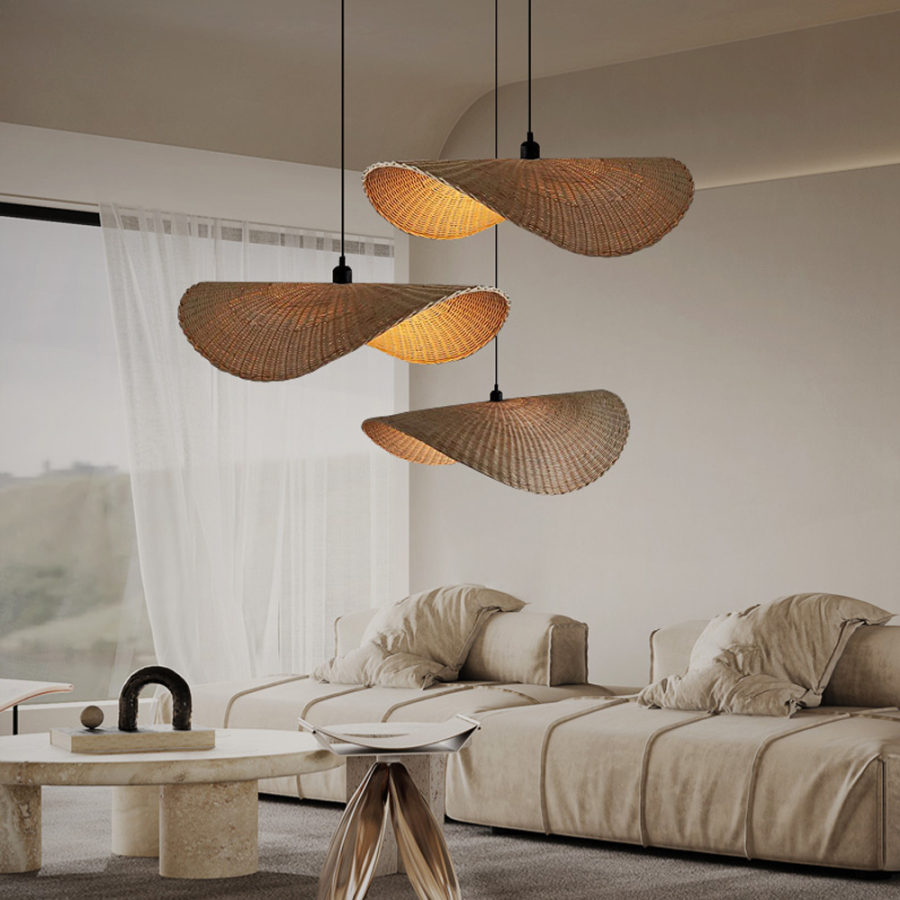 Japanese Rattan Light Pendant Wabi-sabi Retro Straw Hat Chandelier
