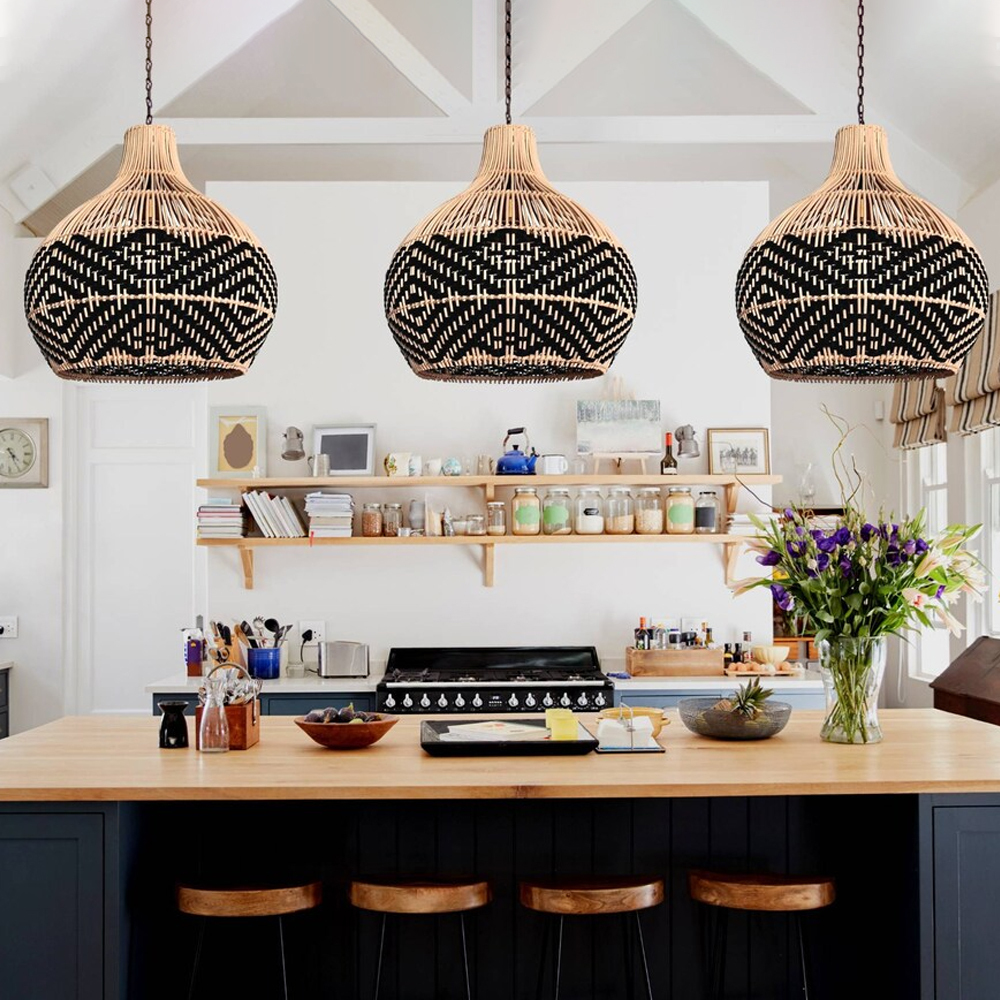 Florida Black Rattan Pendant Light Fixture For Kitchen Island