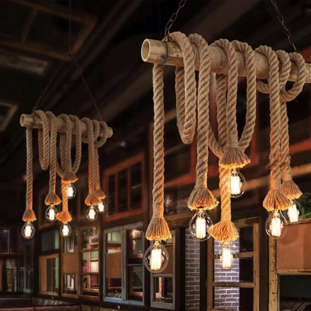 Edison Retro Chandelier Vintage Bamboo Hemp Rope Pendant Lamp