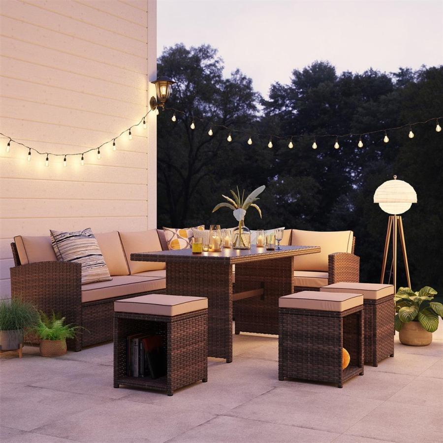 7pcs Outdoor Dining Set Wicker Patio Sectinal Set with Dining Table ...