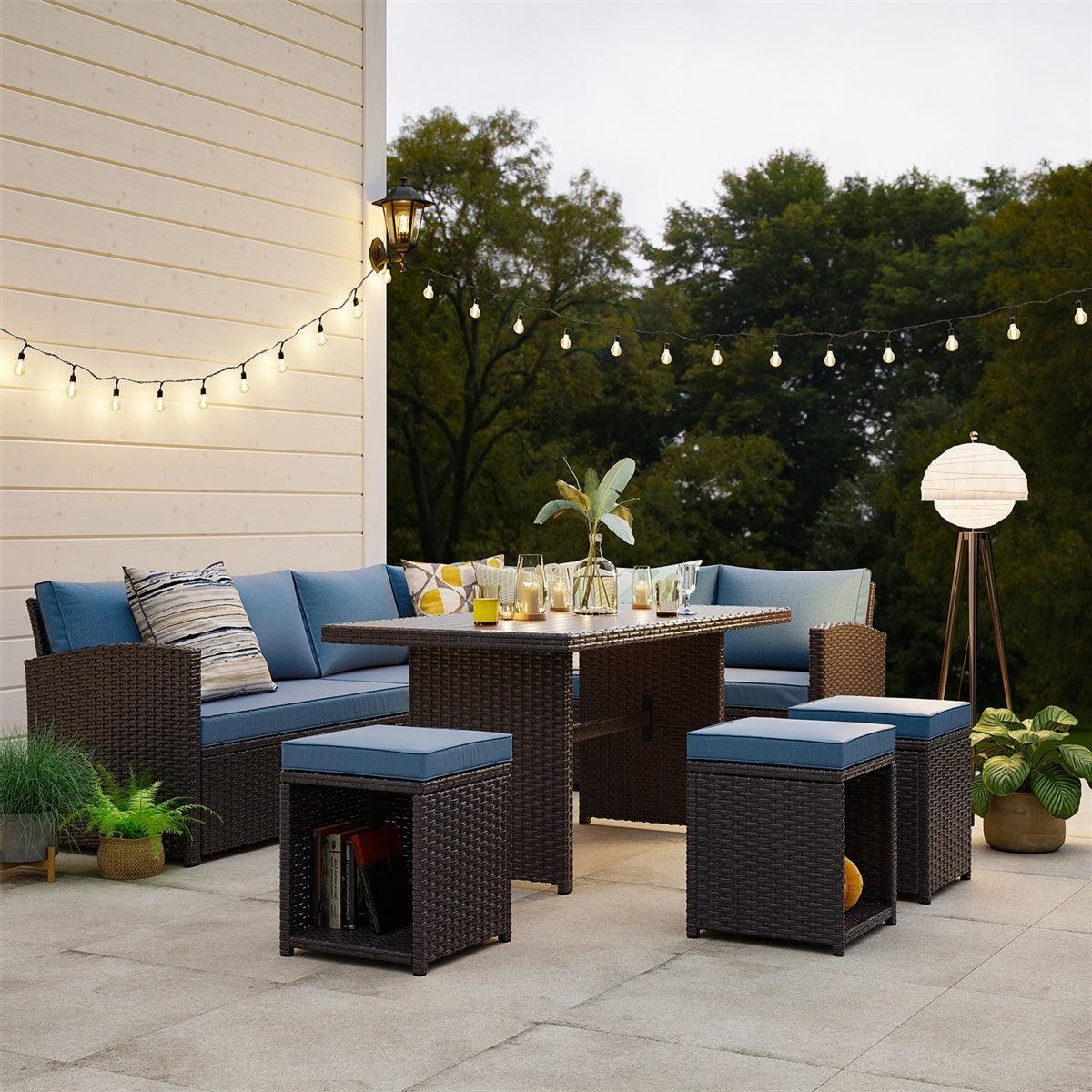 7pcs Outdoor Dining Set Wicker Patio Sectinal Set with Dining Table ...