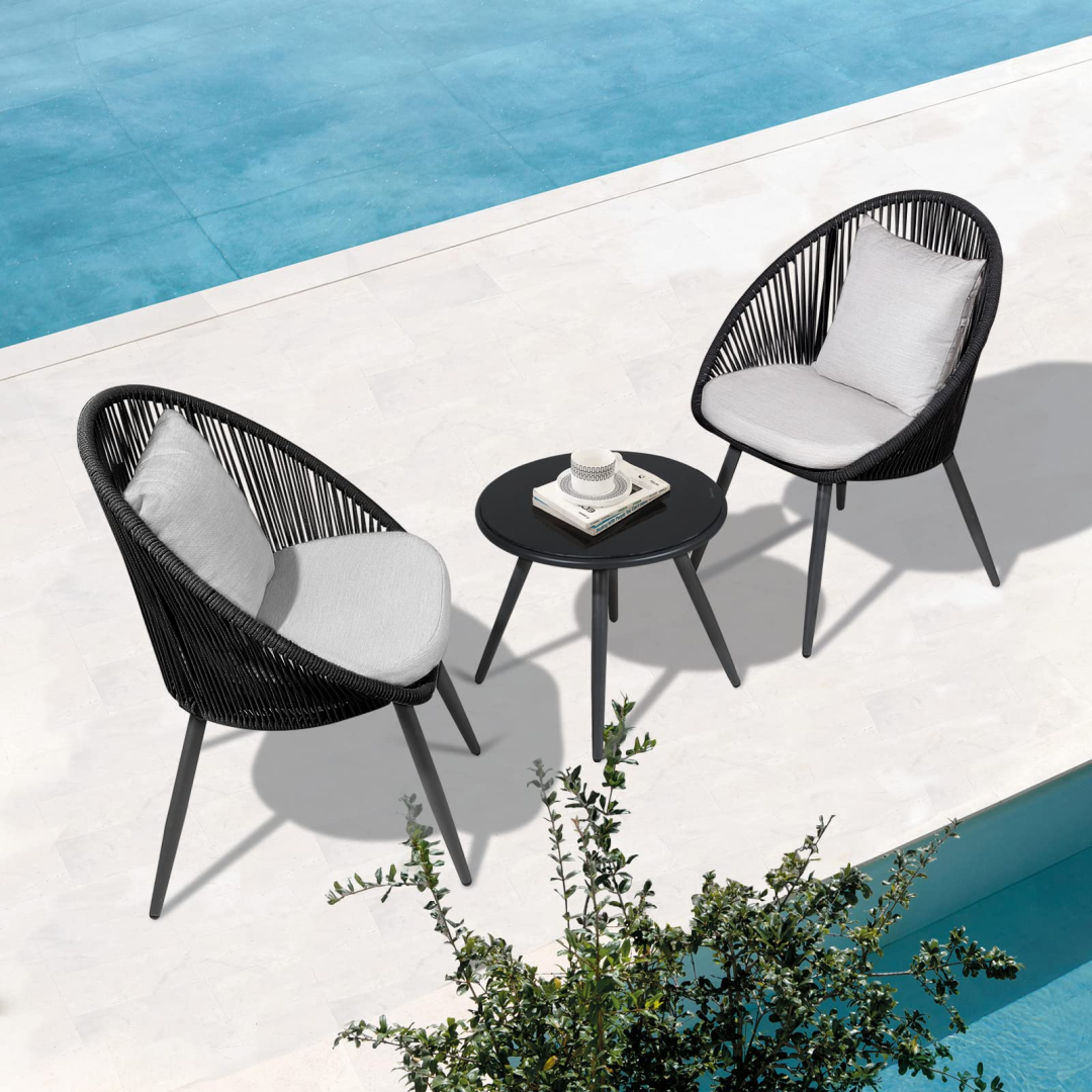 3pcs Patio Bistro Set Woven Rope Balcony Furniture Set, Grey & Black