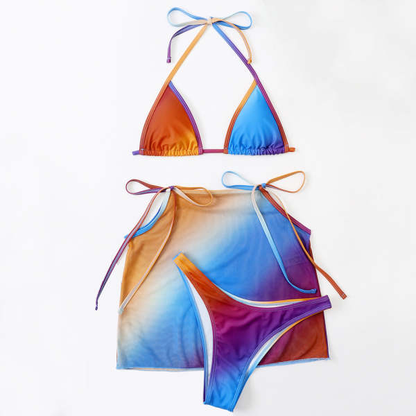 Gradient Color High Cut Slide Triangle Brazilian Three Piece Bikini Sw ...