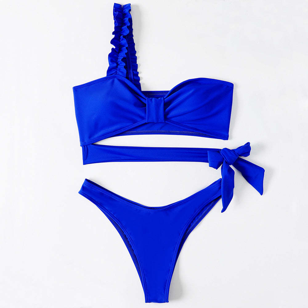 High Cut Wrap Around Ruffle One Shoulder Brazilian Two Piece Bikini Sw