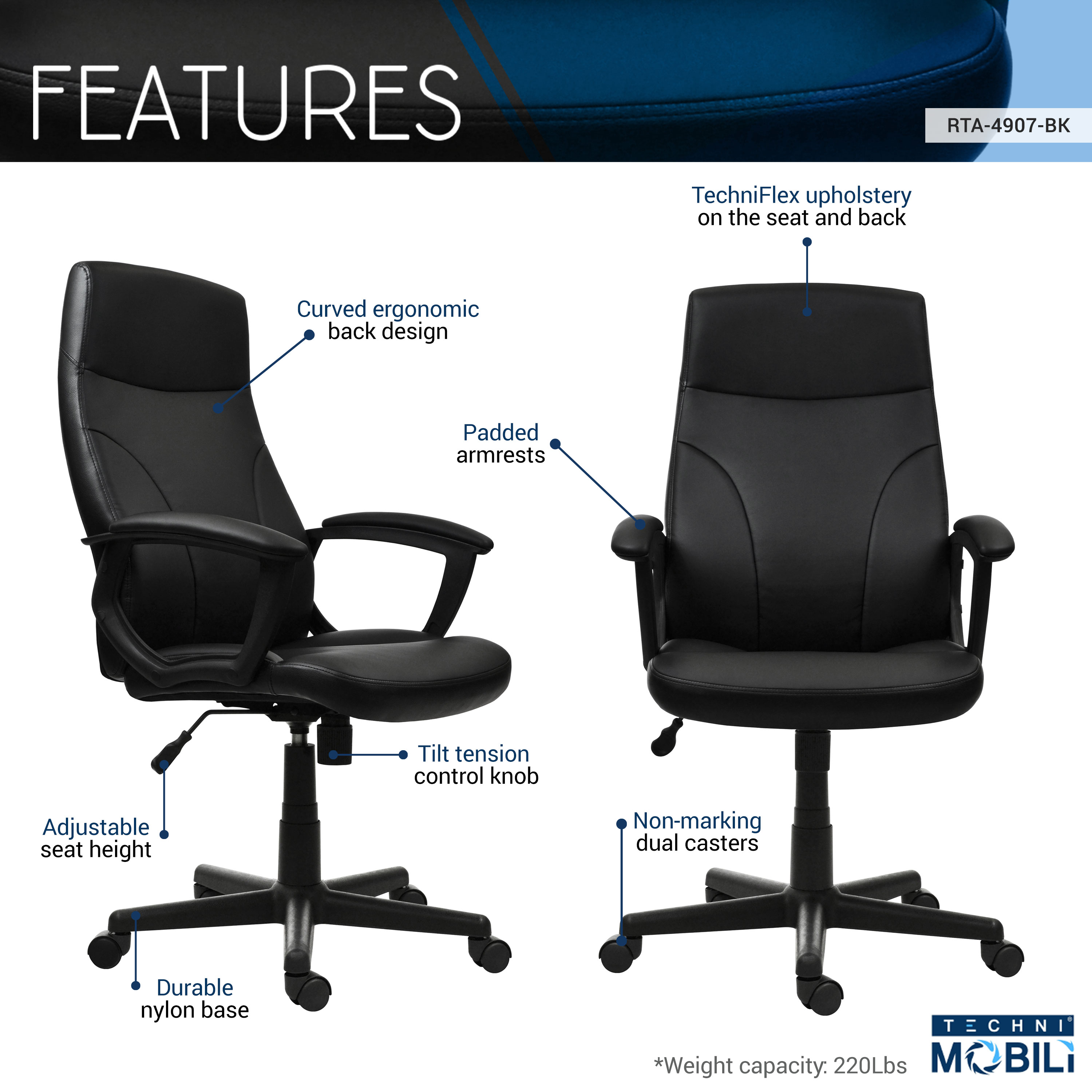 Techni Mobili Medium Back Executive Office Chair Black