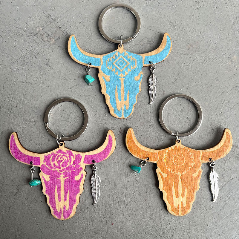 Western Cowboy Bullhead Turquoise Feather Keychain Sale-Cowboybay™