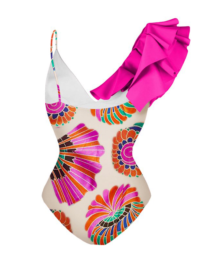 Vintage Colorblock Print Ruffle One-Piece Swimsuit