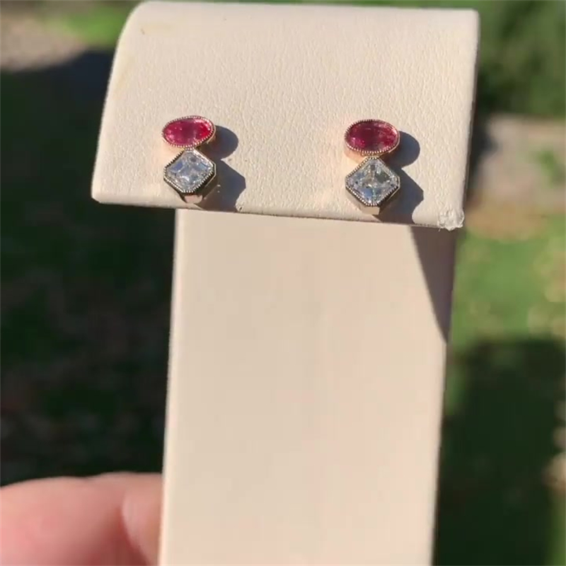 4ct Oval&Asher Cut Ruby&White Sapphire Stud Earrings