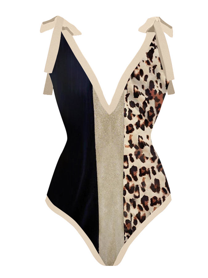 Vintage V Neck Leopard Colorblock Print One Piece Swimsuit