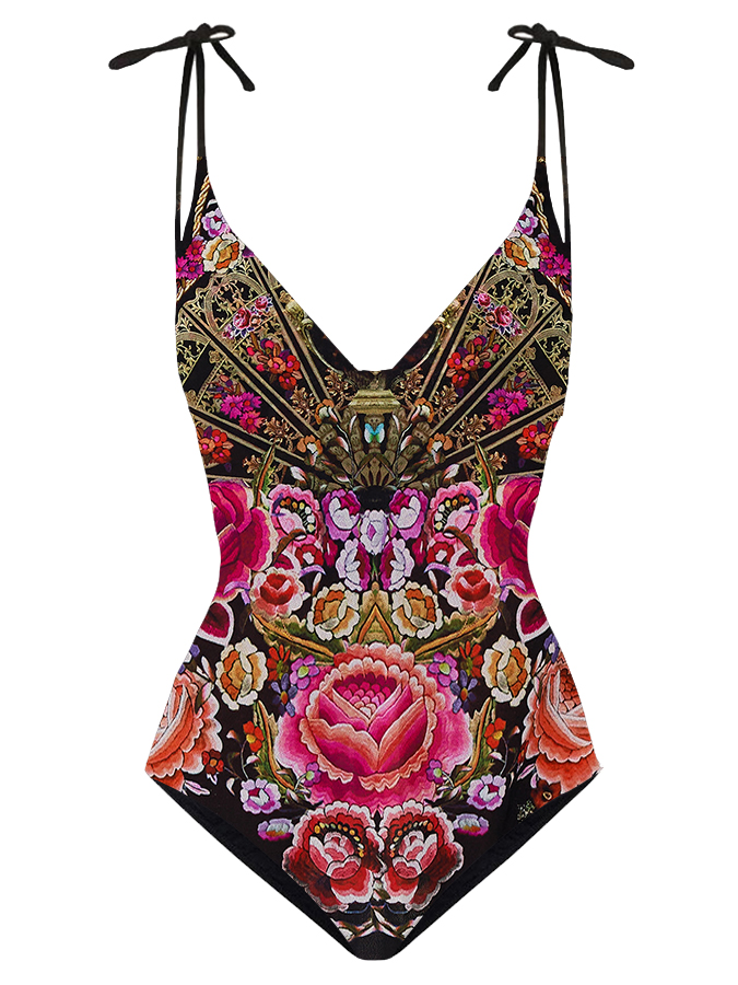 Vintage V Neck Print One Piece Swimsuit