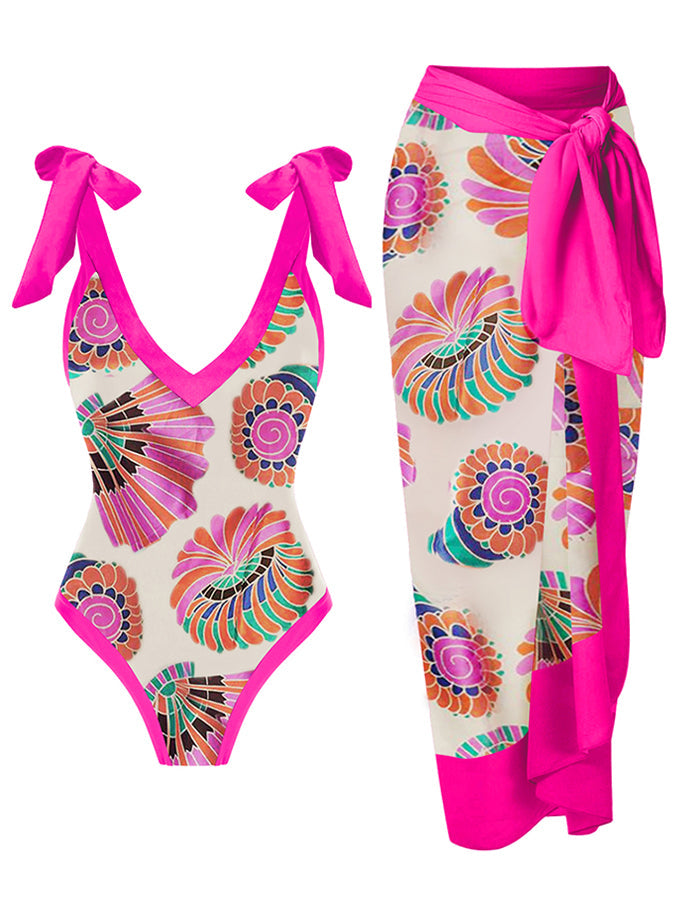 Vintage V Neck Colorblock Print One Piece Swimsuit