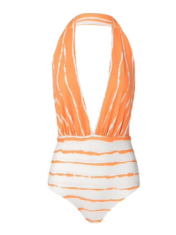 Deep V Stripe Colorblock Print Beach One-Piece Swimsuit and Cover-up ...