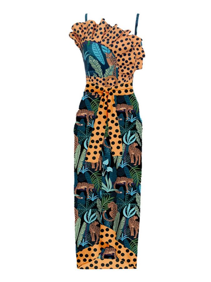 Vintage Colorblock Polka Dot Print One-Piece Swimsuit