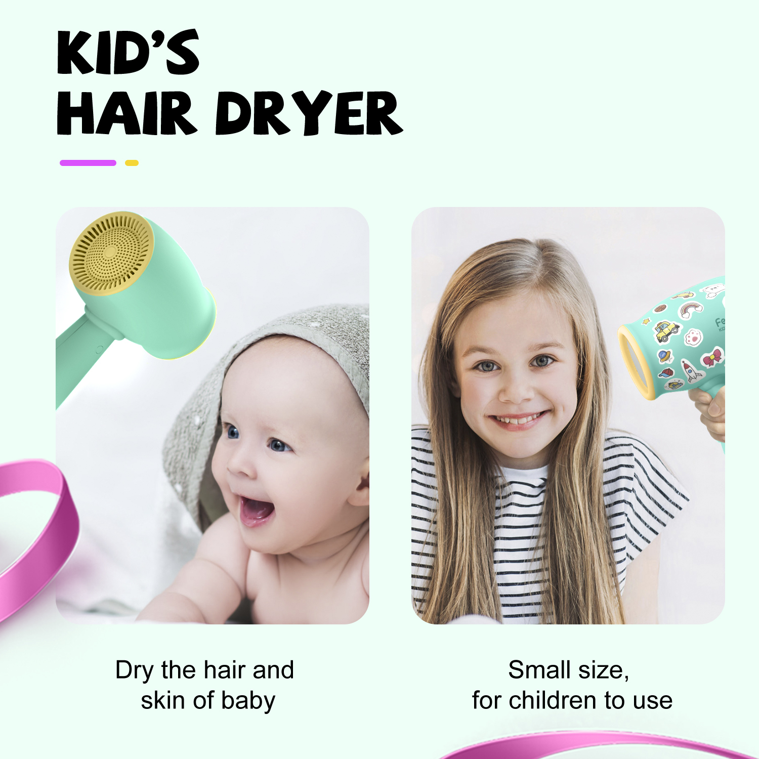 Kids Hair Dryer, FeeKaa Kids Blow Dryer for Girls, Baby Hair Dryer, Lo