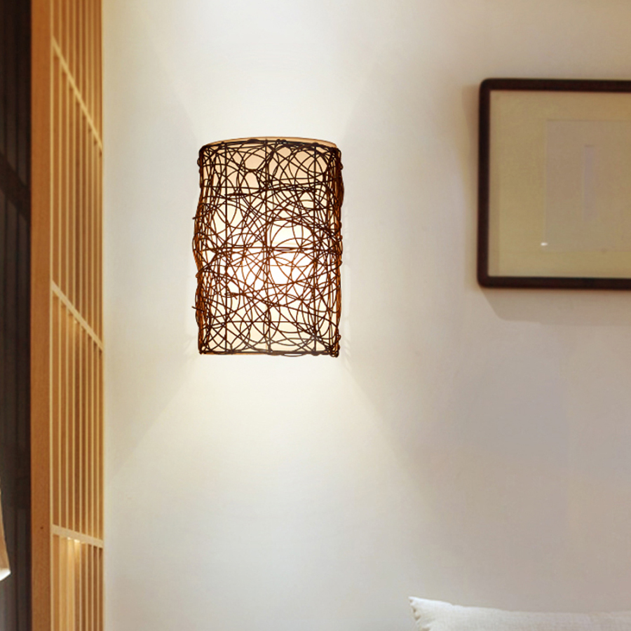 Vintage Rattan Wall Light Wicker Wall Pendant Lamps Wall Sconce Light