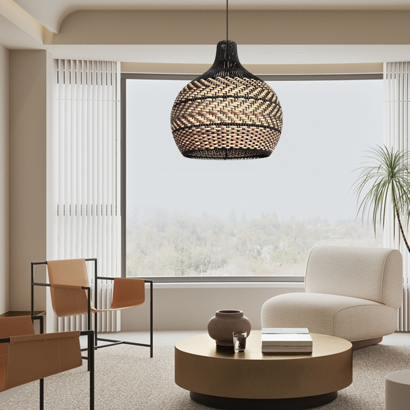 Minimalism Black and Neutral Tone Rattan Ceiling Light Fixture Woven ...