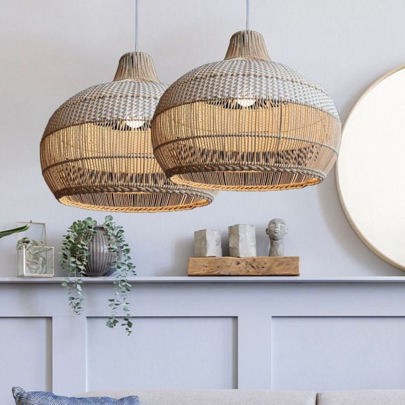 Handwoven Rattan Kitchen Island White Pendant Lighting Wicker Lamp ...