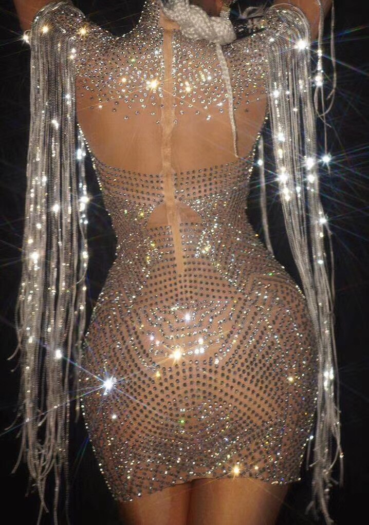 Nightclub Sparkly Silver Rhinestones Fringe Dress Women Birthday