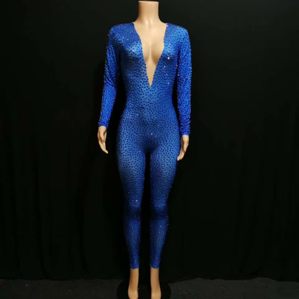 Glisten Blue Rhinestones Bodysuit Women Party Prom Sexy Jumpsuit Cos