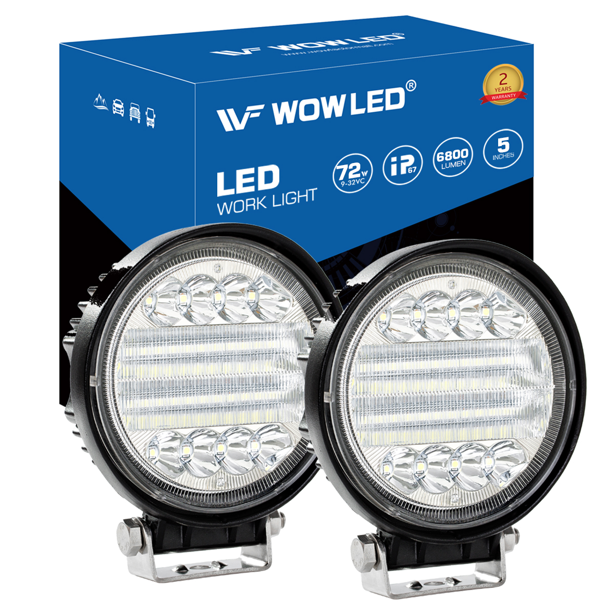 WOWLED LED Work Light, 2 Pcs 5" 72W Round LED Light Pods Spot Flood Co