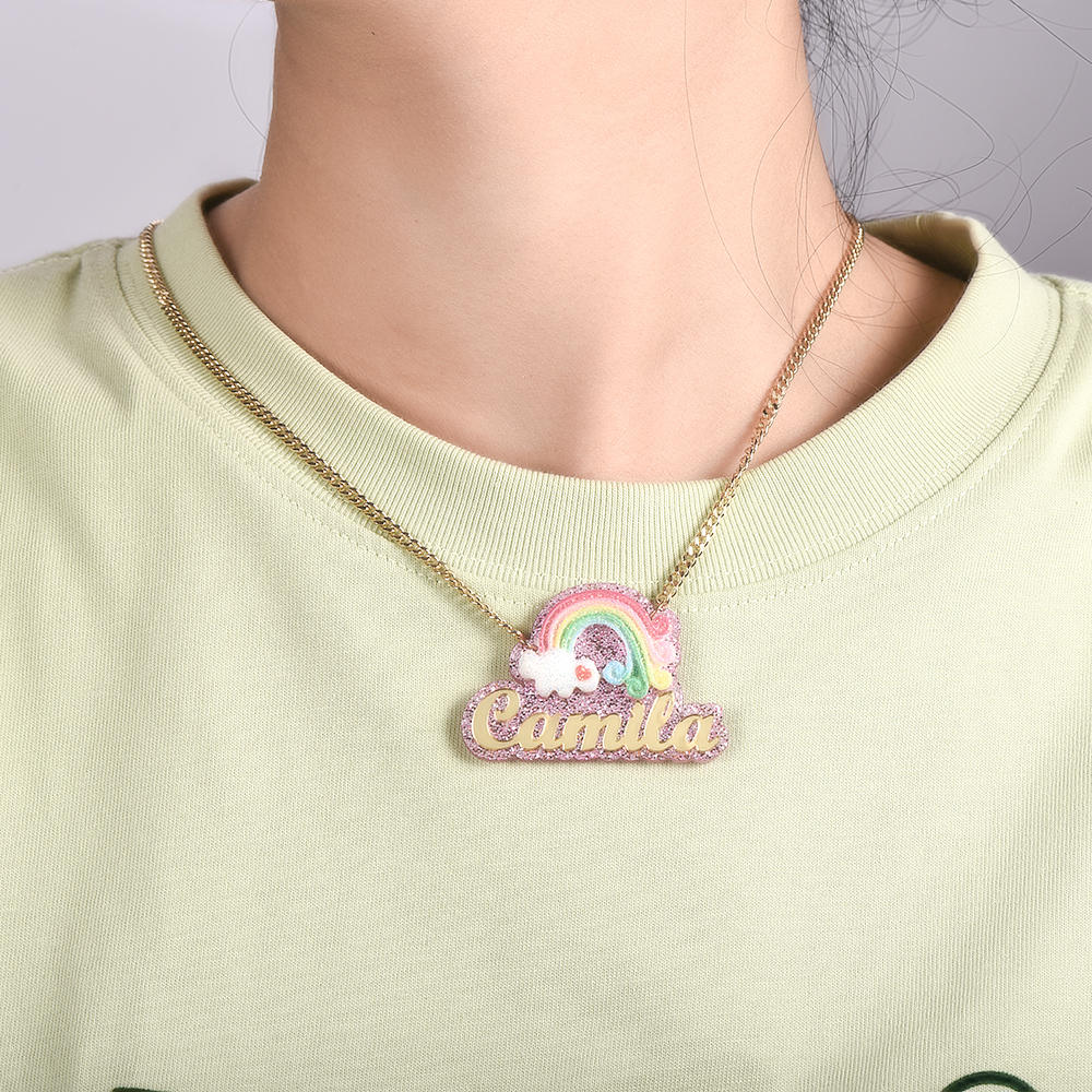 Pink Acrylic Rainbow Pendant Personalized Gold Plated Name Necklace ...