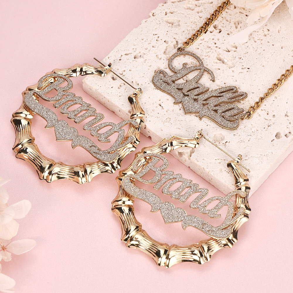 Personalized Bling Bamboo Name Earrings and Custom Name Necklace ...
