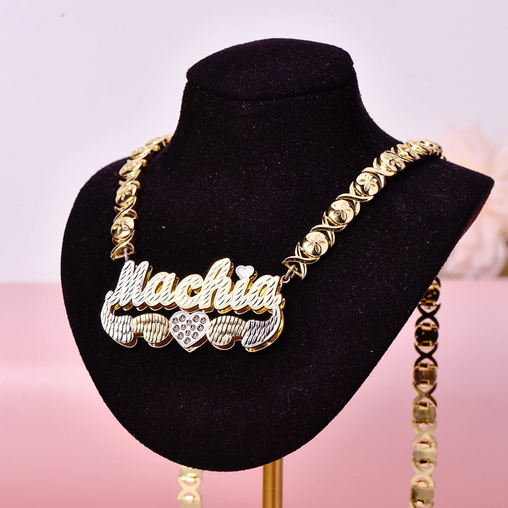 Double Layer Two Tone XOXO Chain with Heart Personalized Custom Gold ...